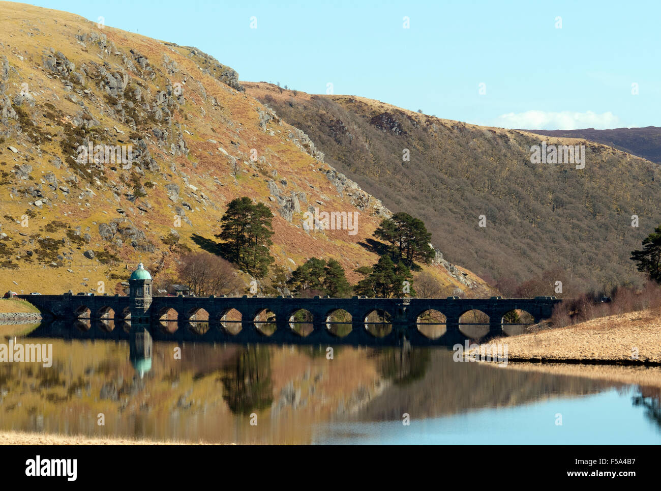 Craig Goch reservoir and dam arches reflections, Elan Valley Wales UK ...