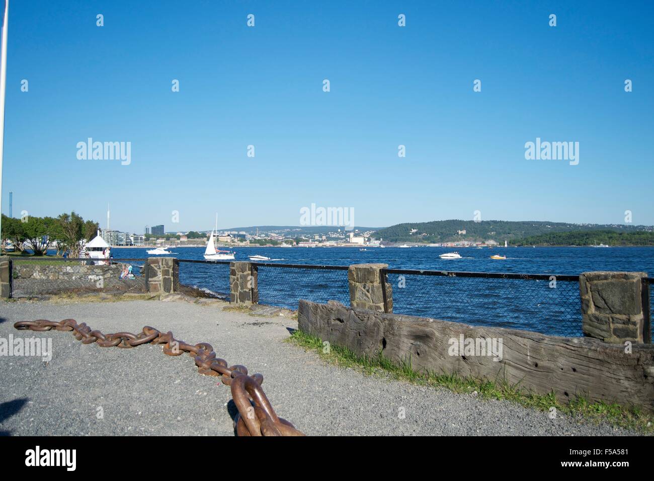 Oslo Harbor water sea view city coast drill blue Stock Photo - Alamy