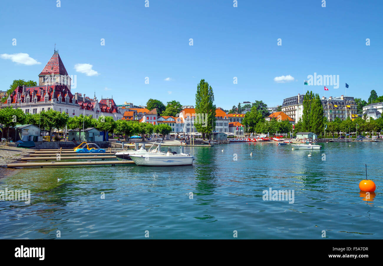Harbor Ouchy waterfront at the Geneva Lake in Lausanne, Switzerland ...