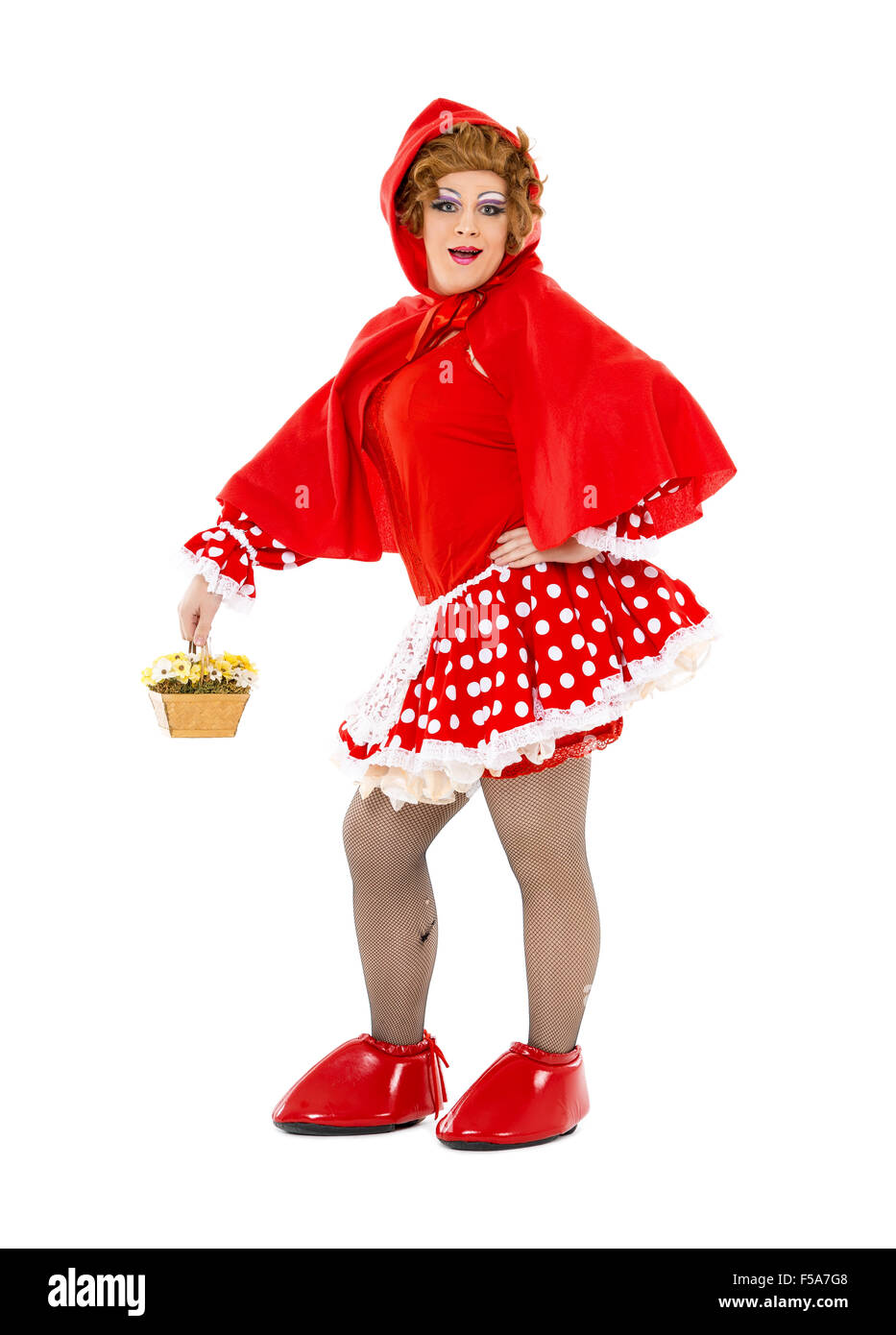 Actor Drag Queen Dressed as Little Red Riding Hood, on white background ...