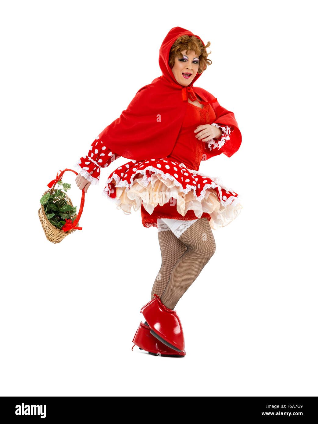 Actor Drag Queen Dressed as Little Red Riding Hood, on white background ...