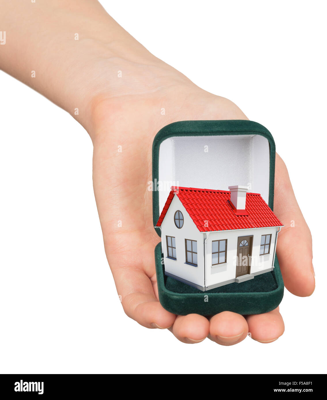 Empty open ring box with house in womans hand Stock Photo - Alamy