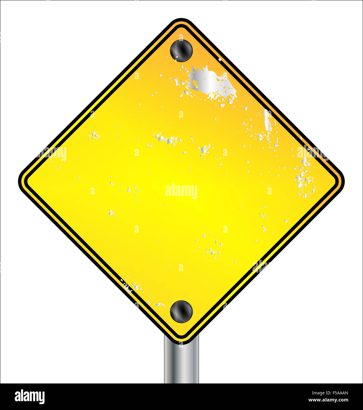 A blank yellow square traffic sign with damage and isolated on a white ...