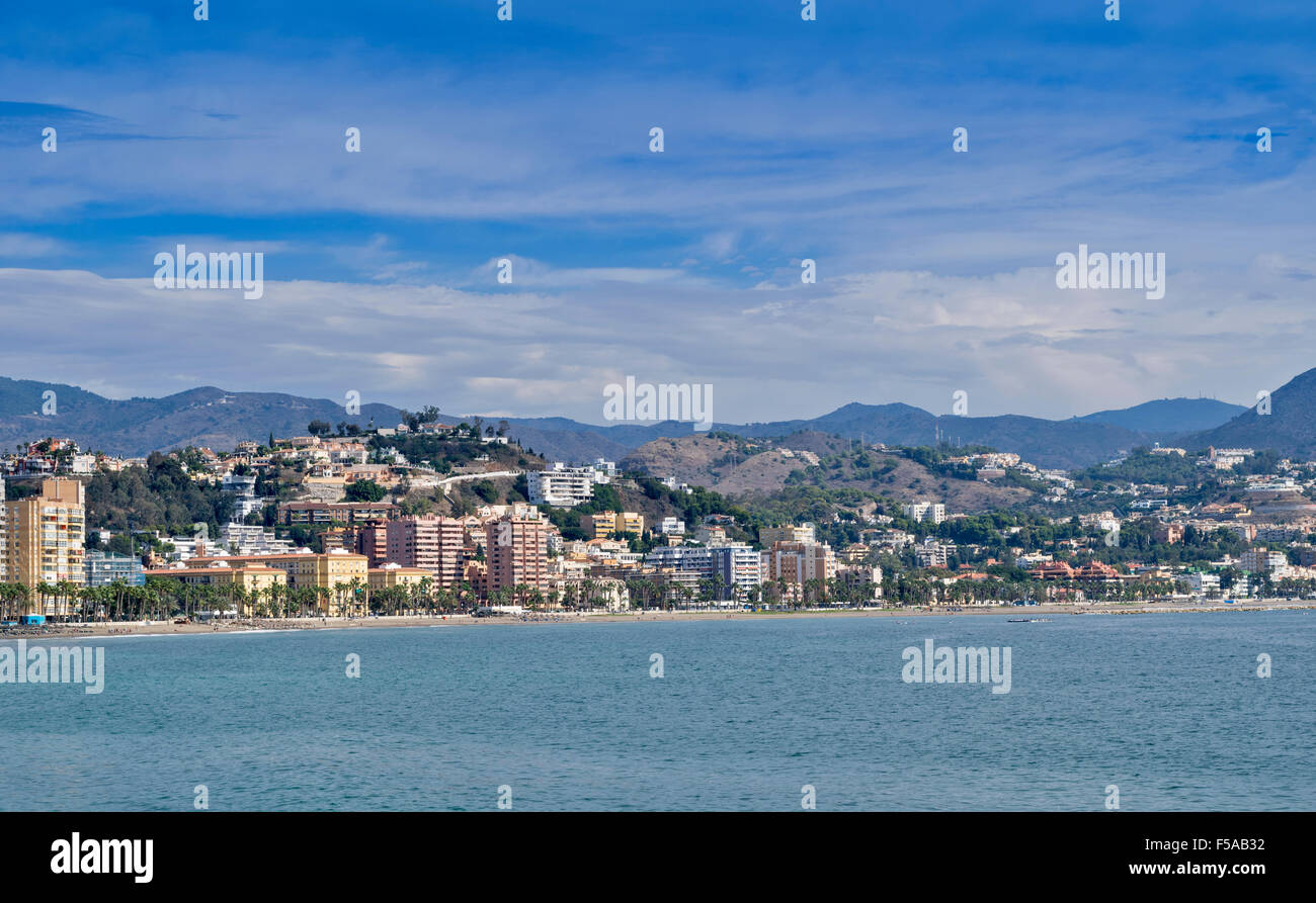 MALAGA ANDALUCIA SPAIN BROAD SWEEP OF THE SEAFRONT HOTELS AND BEACH ...