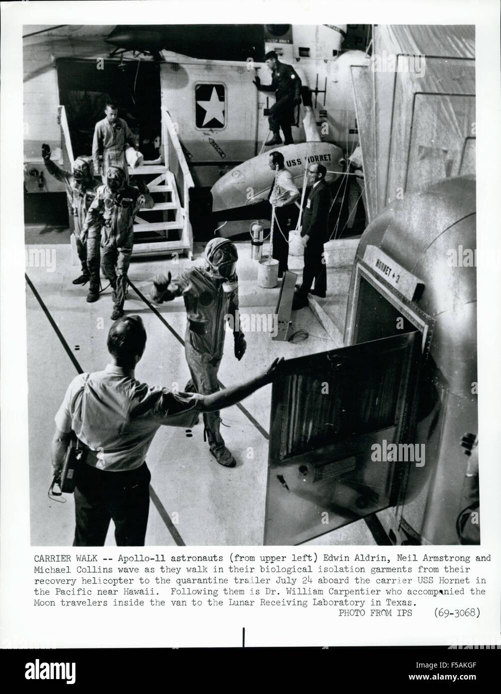 July 24, 1969 - Carrier Walk -- Apollo 11 astronauts (from upper left ...