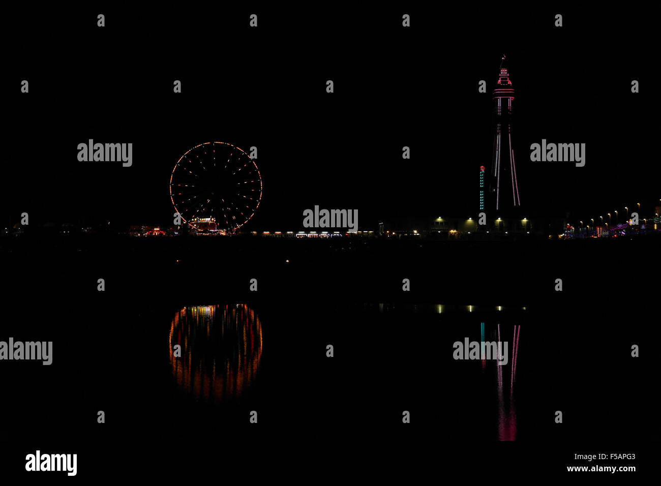 Illuminated blackpool central pier big wheel reflection reflecting ...