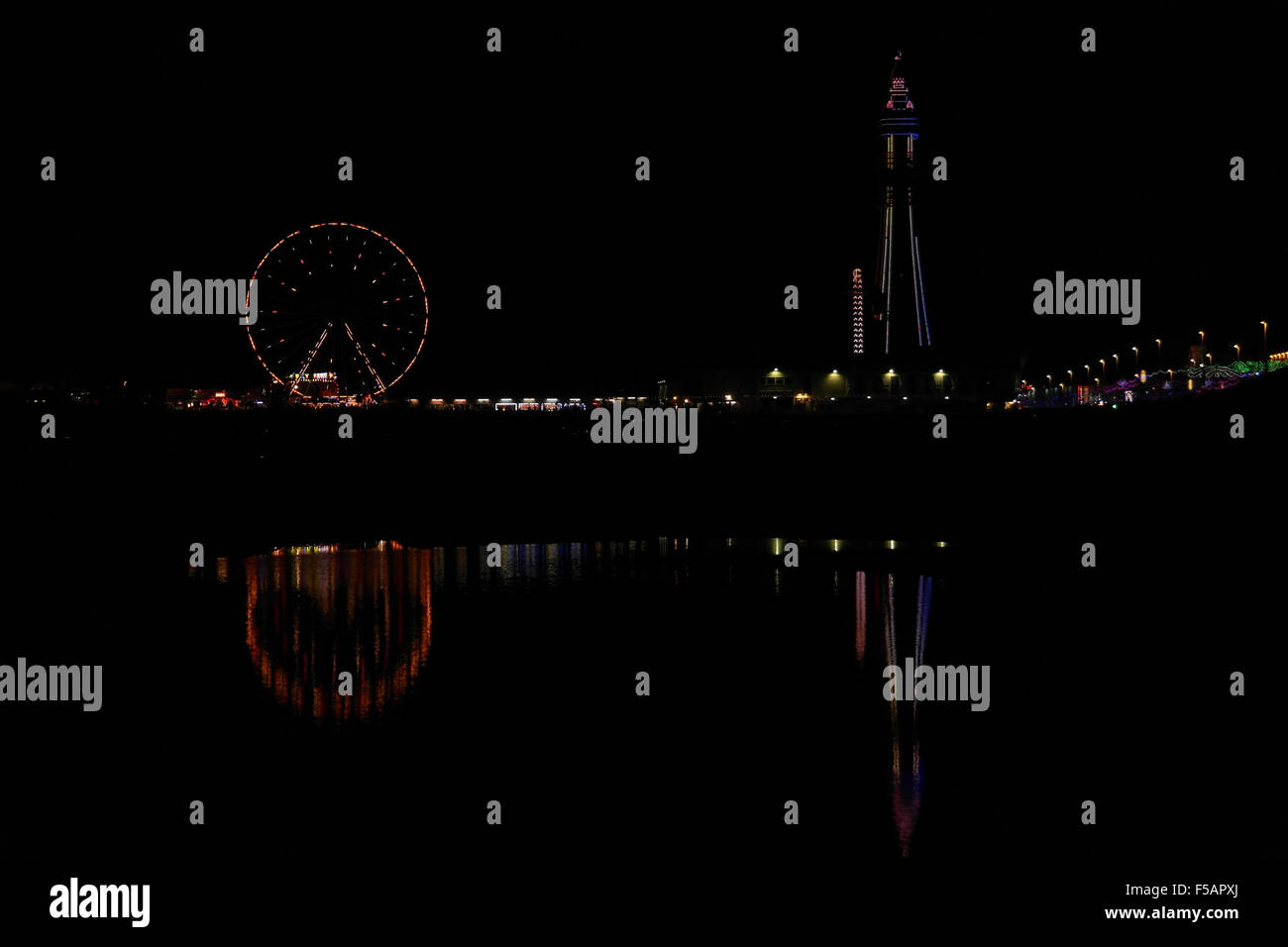 Illuminated blackpool central pier big wheel reflection reflecting ...