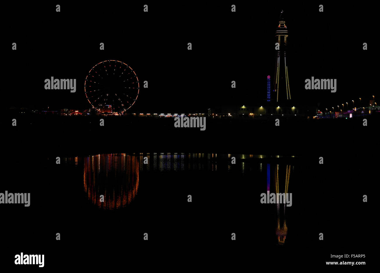 Illuminated blackpool central pier big wheel reflection reflecting ...