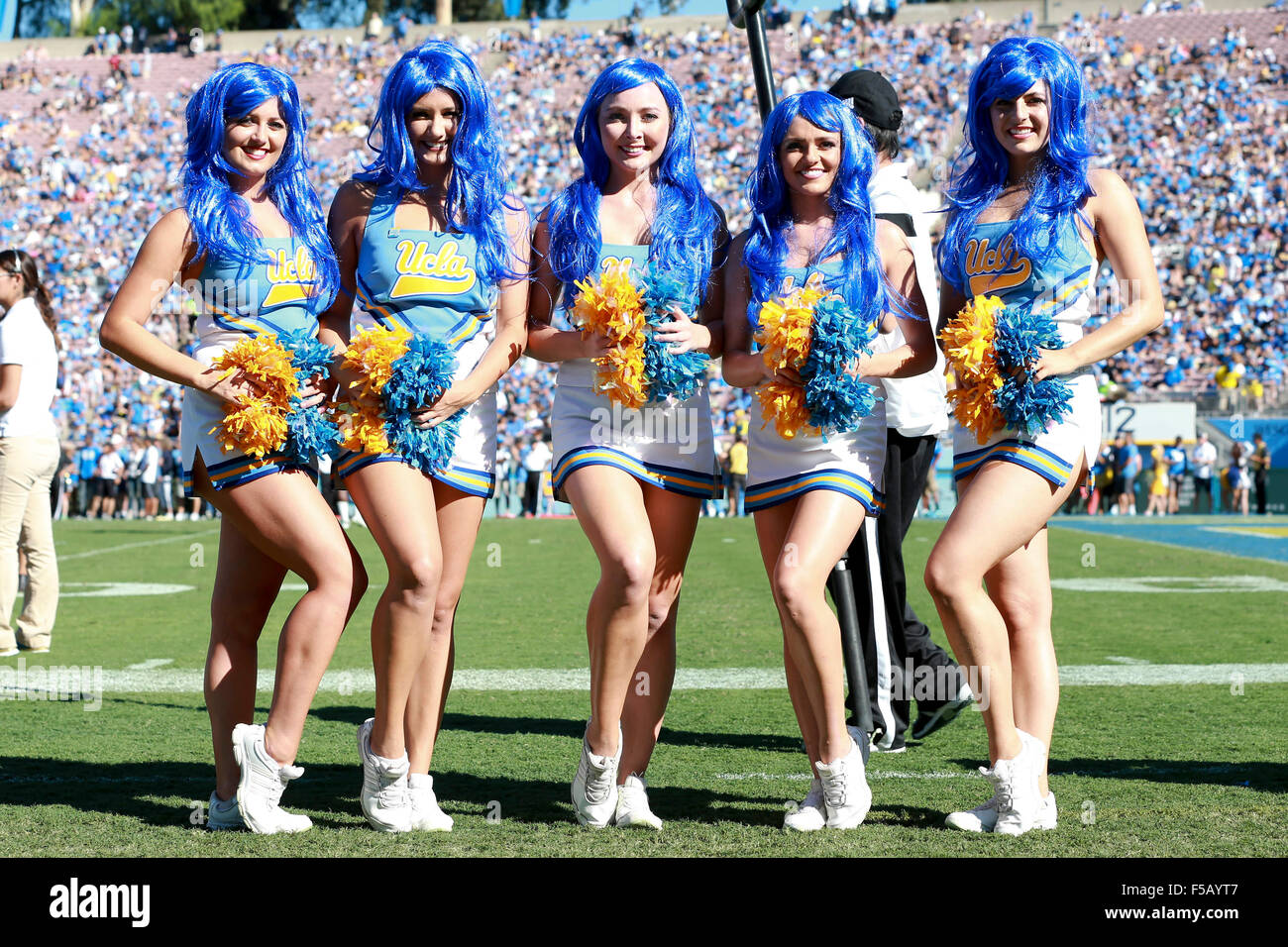 Pasadena, CA. 31st Oct, 2015. UCLA cheerleaders show their blue wigs ...