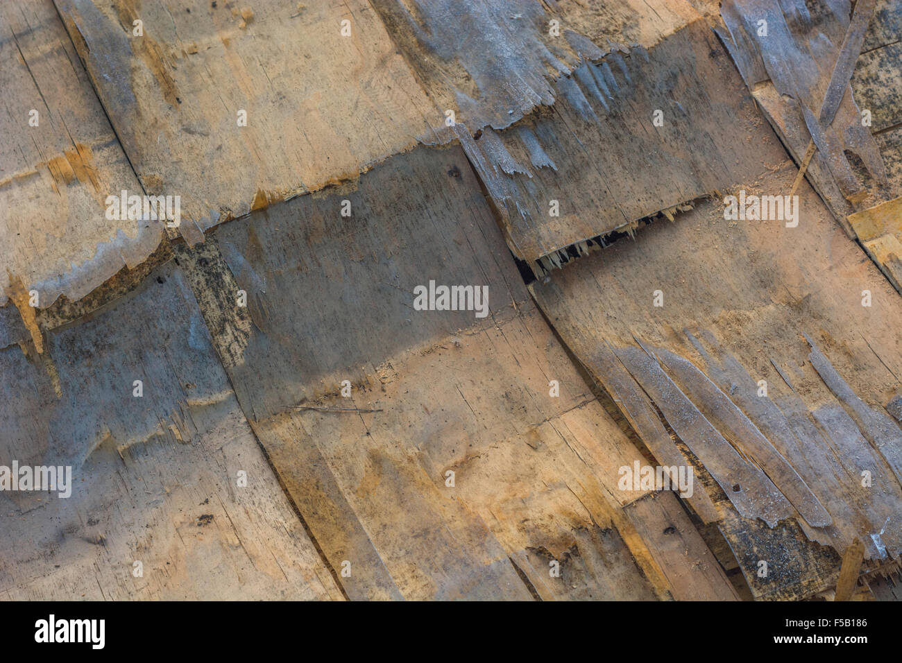 Frost covered plywood packaging beginning to weather and decay Stock ...