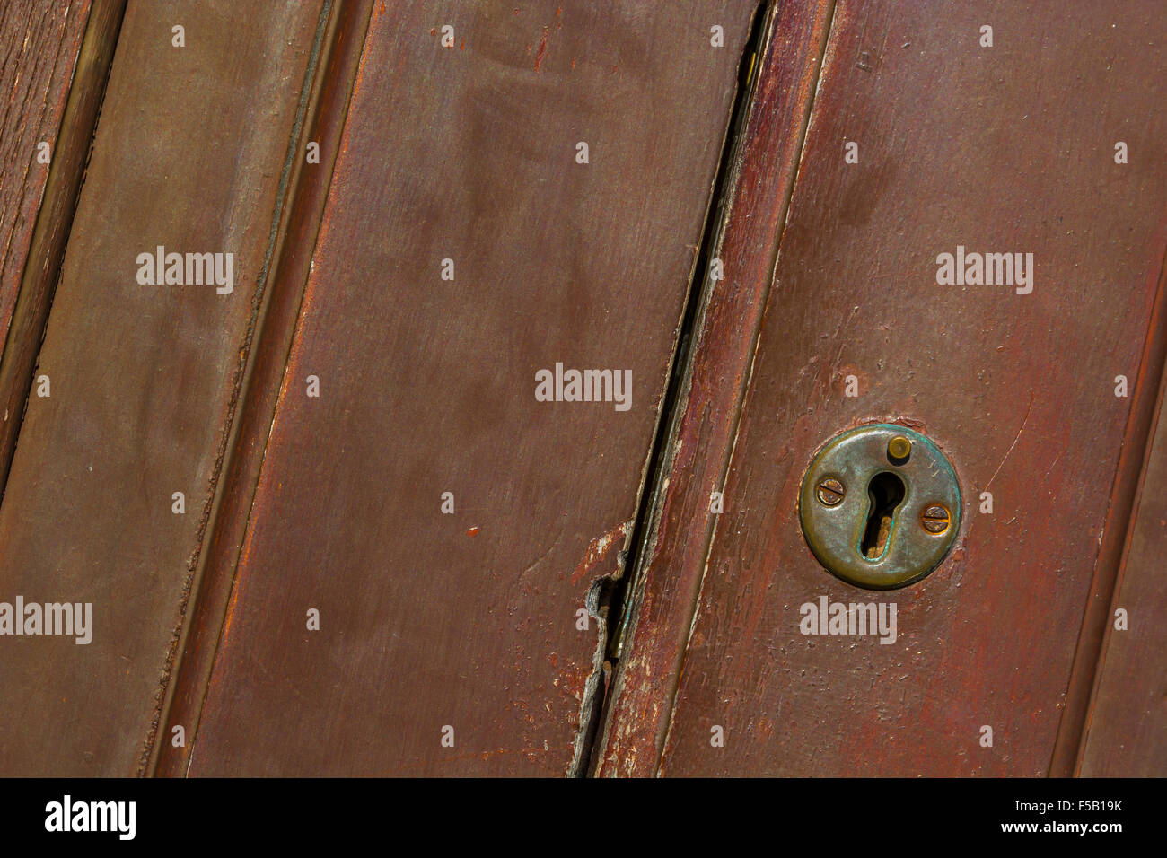 Wooden door and keyhole of workplace. Locked in place, lock in place ...