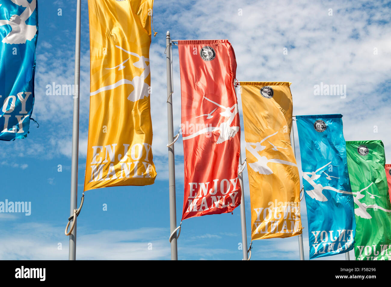Manly Beach Sydney, Australia with enjoy manly banners floating on the ...