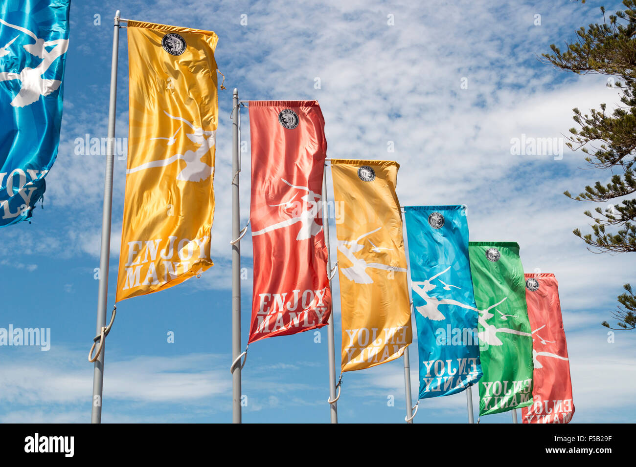 Manly Beach Sydney, Australia promoted with enjoy manly banners waving ...