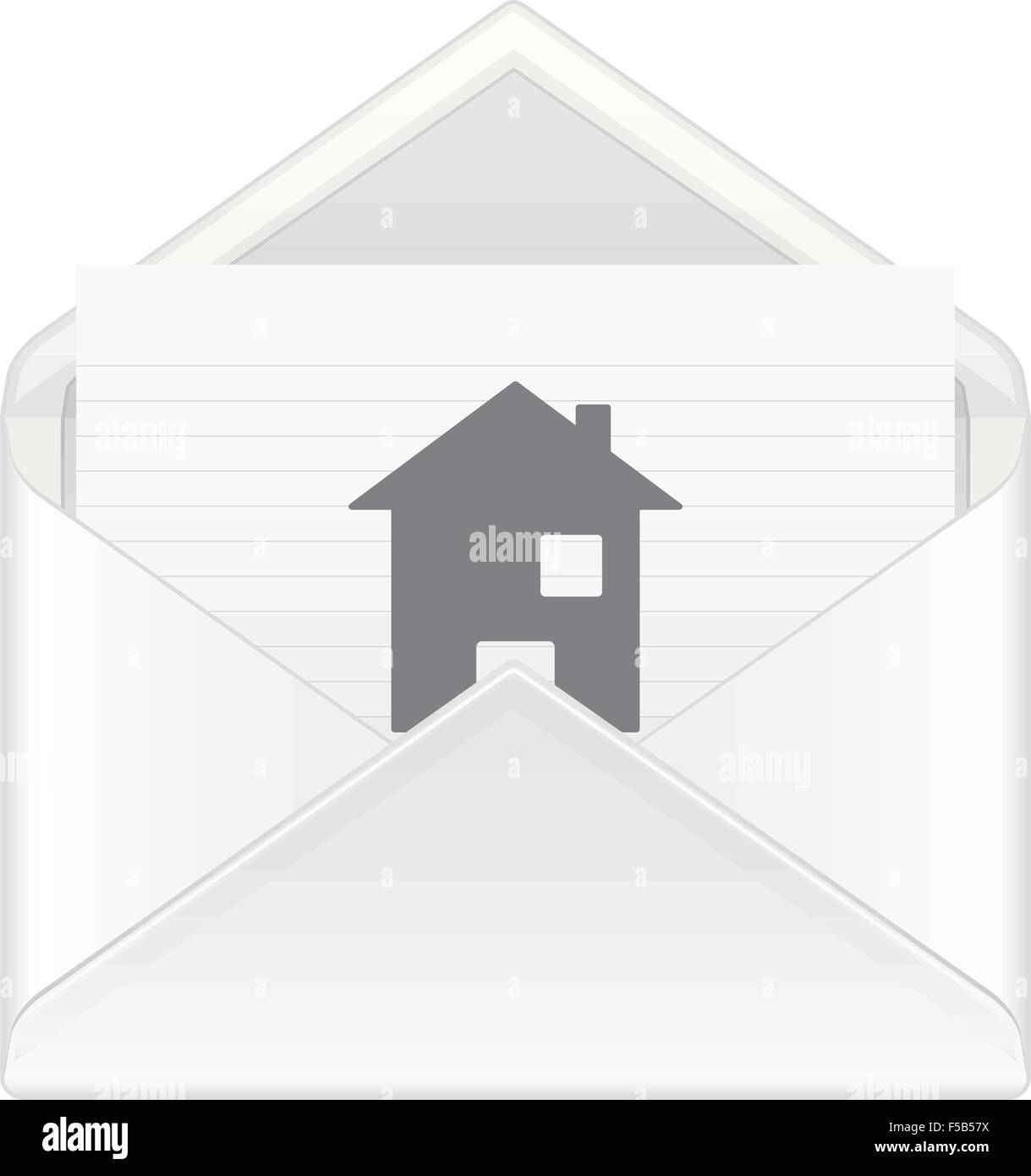 Open envelope containing house symbol on a white background. Vector ...