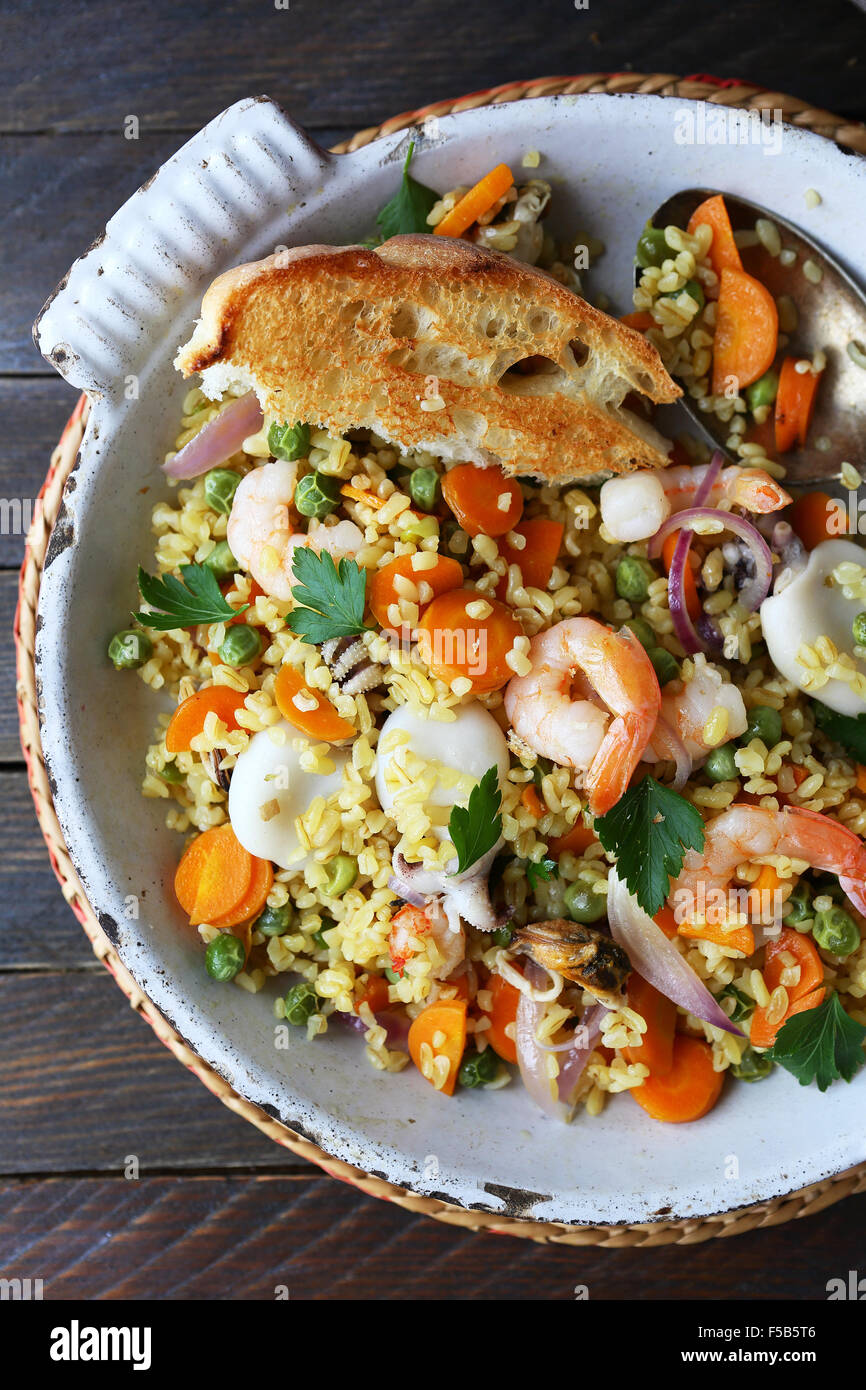 roasted bulgur with shimps, food closeup Stock Photo - Alamy