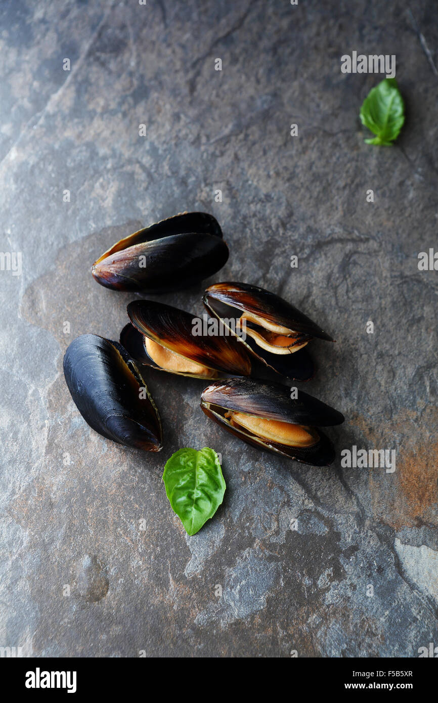 fresh cooked mussels with shells, top view Stock Photo - Alamy