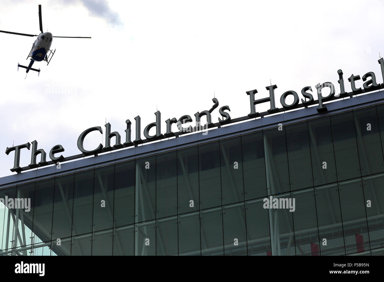 A air transport helicopter hovers above The Children's Hospital of ...