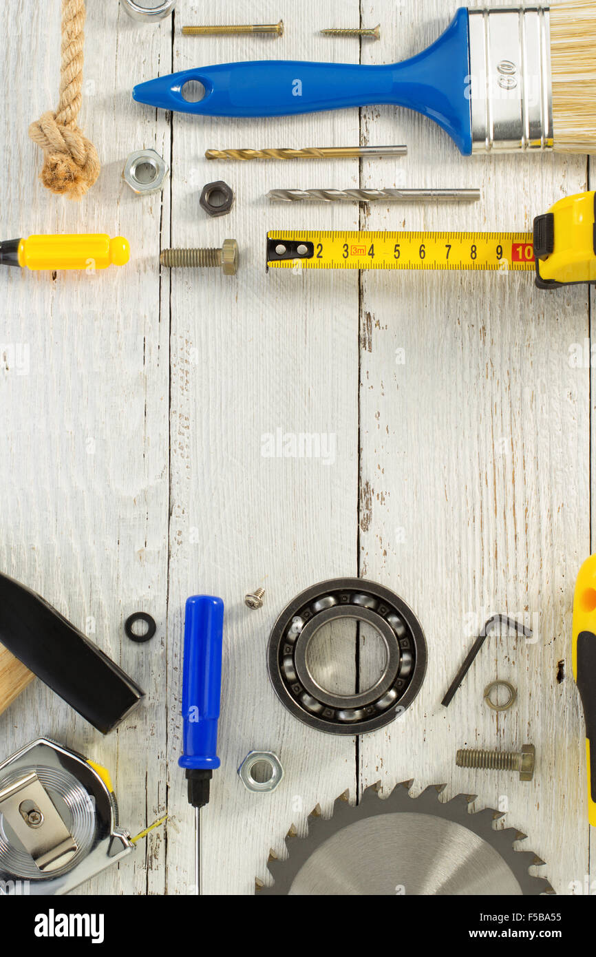 set of tools and instruments on wooden background Stock Photo - Alamy