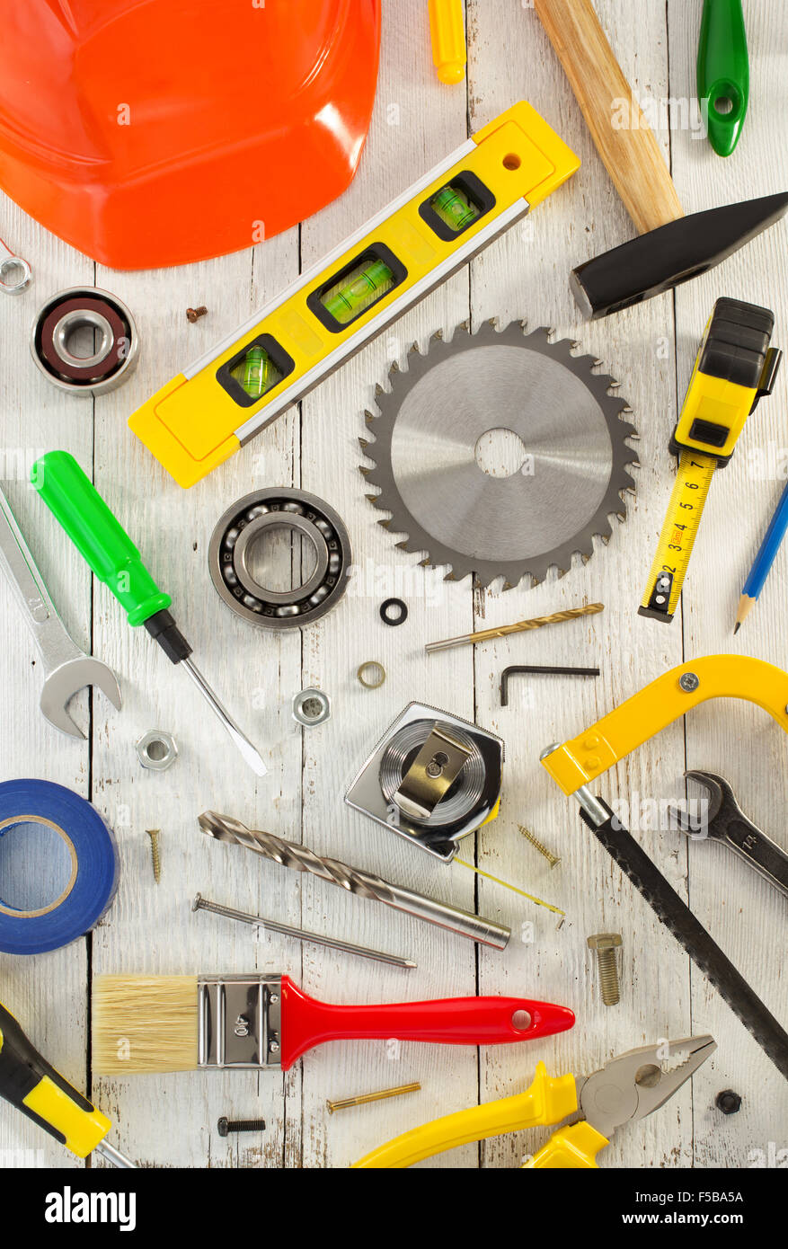 set of tools and instruments on wooden background Stock Photo - Alamy