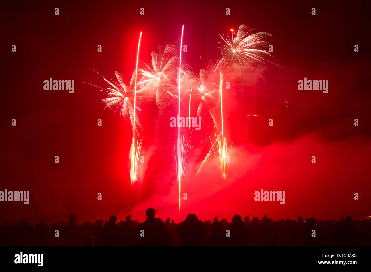 Crowd watching colourful firework display. Yorkshire, England, UK Stock ...