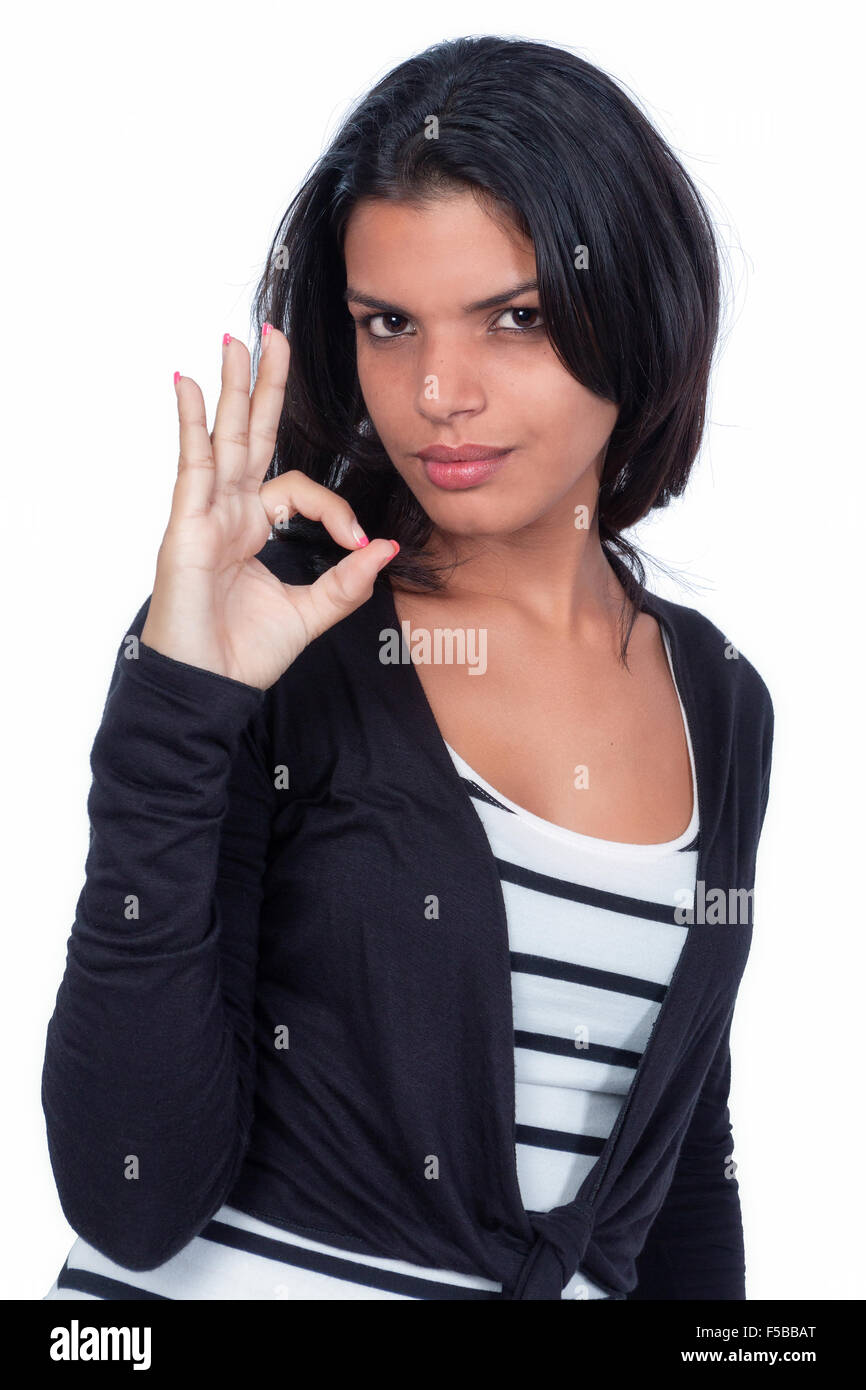 With her hand young girl doing the ok symbol Stock Photo - Alamy