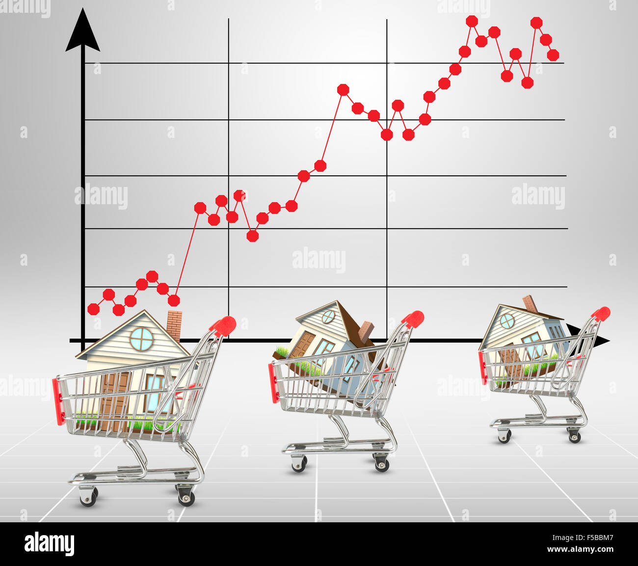 Houses in shopping carts with graphical chart Stock Photo - Alamy