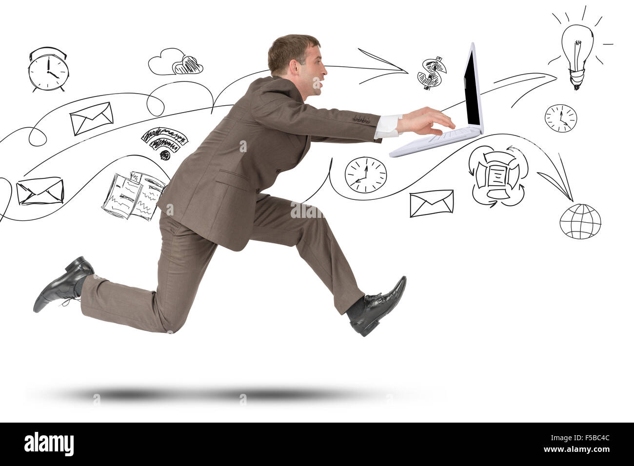 Man running fast with laptop on white Stock Photo - Alamy