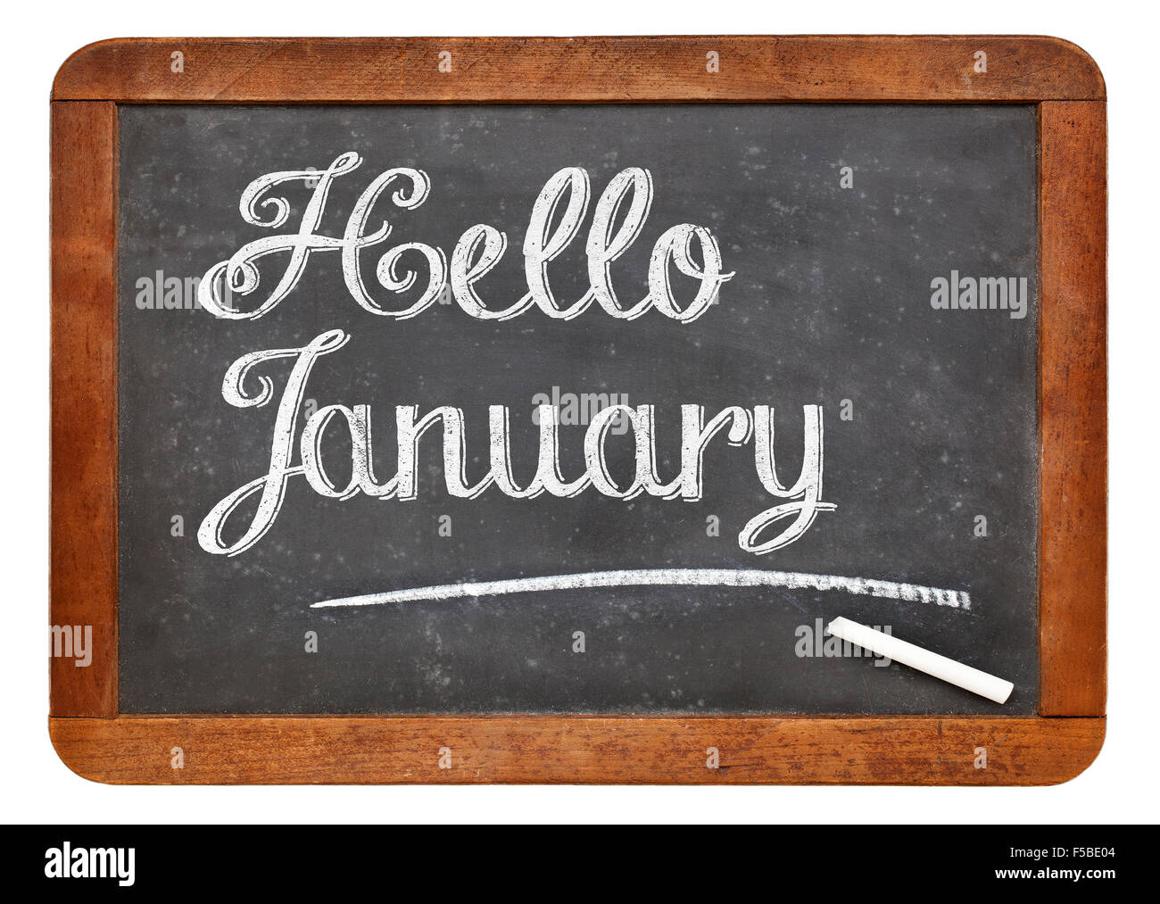 Hello January sign - white chalk text on an isolated vintage slate ...