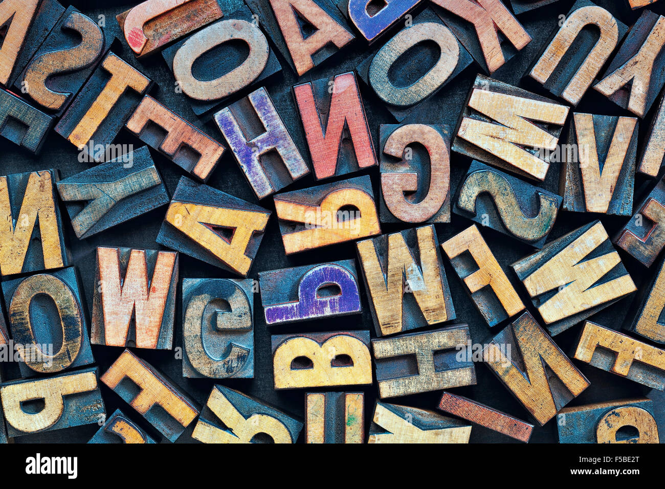 vintage letterpress wood type printing blocks stained by color ink ...