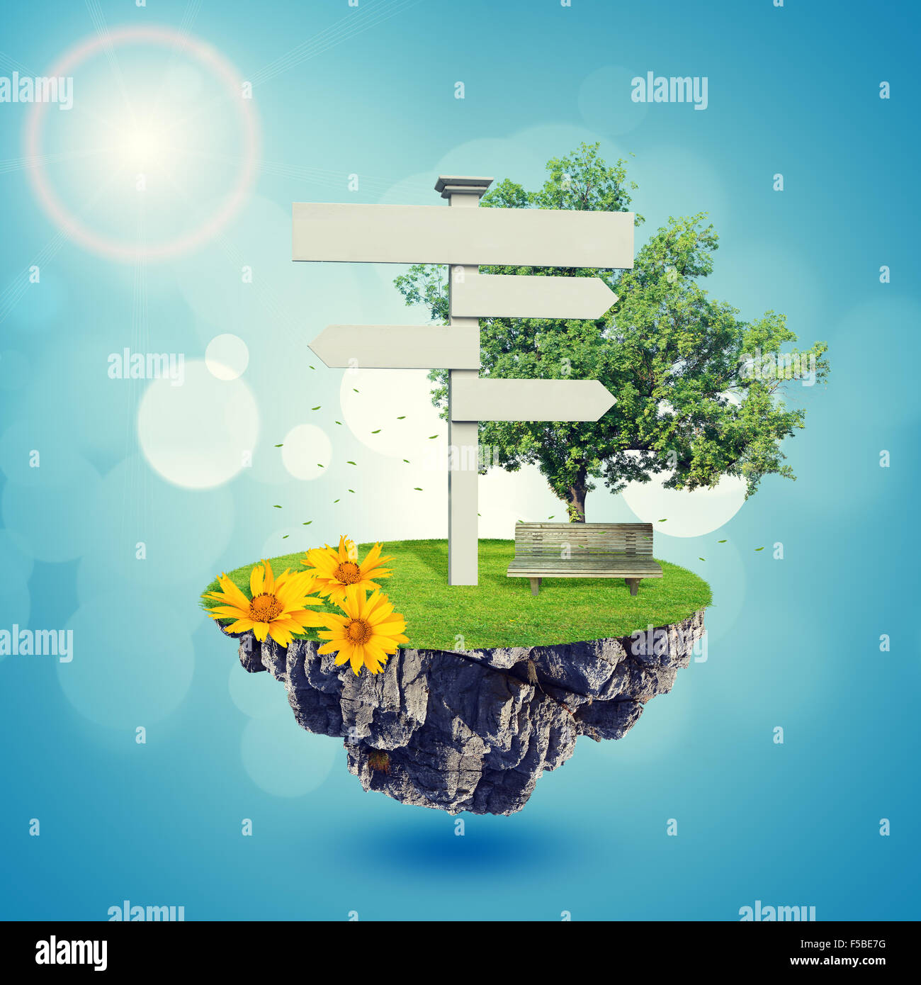 Island with tree and signboard Stock Photo - Alamy