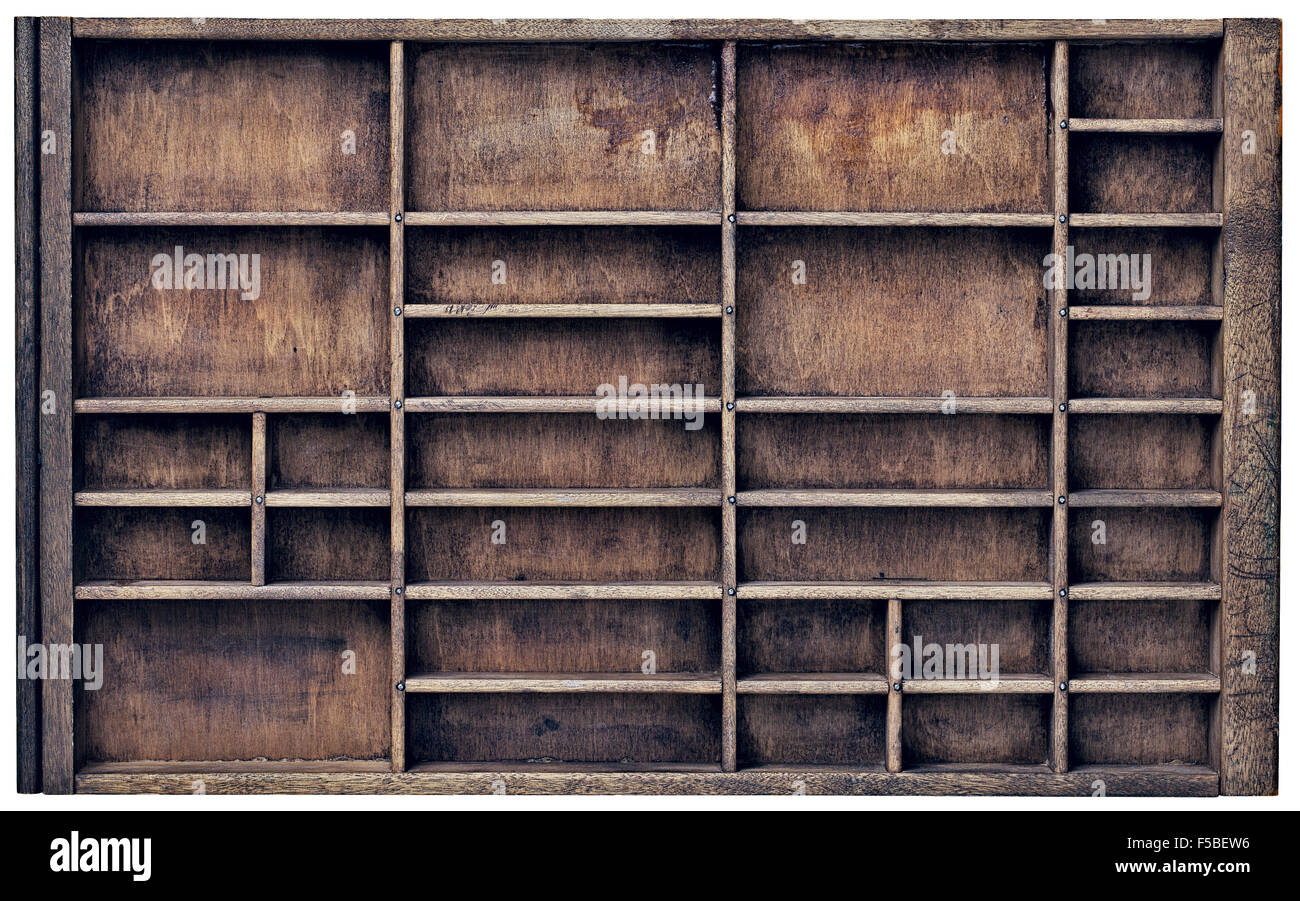 vintage wood printer (typesetter) drawer with numerous dividers ...