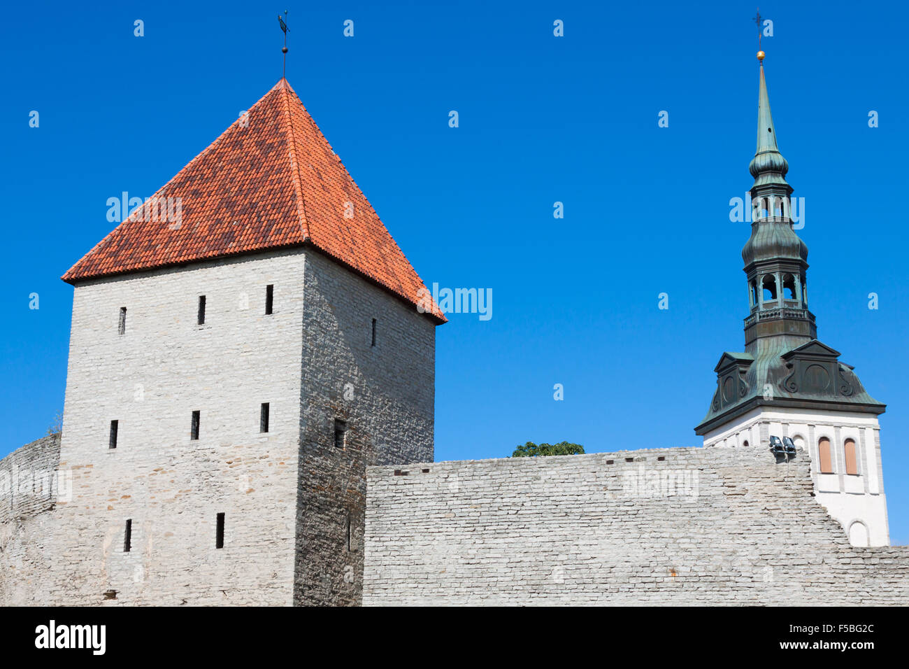 View of fortress towers and church on sky background. Tallinn. Estonia ...