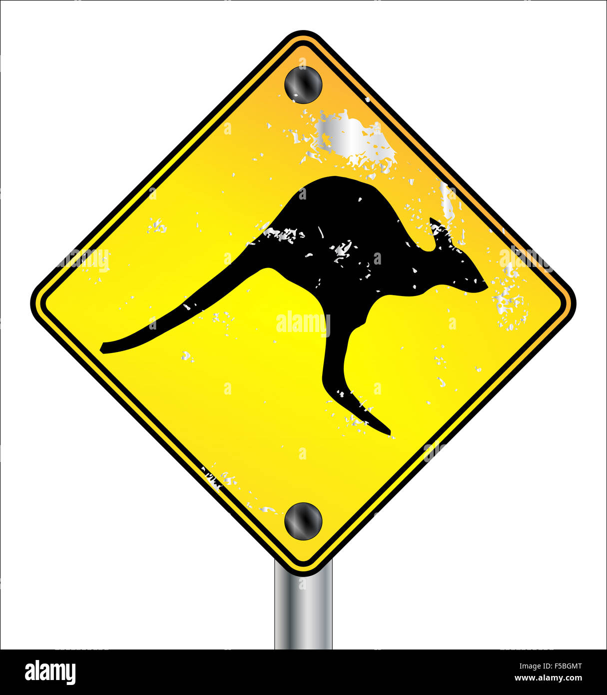 A yellow kangaroo square traffic sign with damage and isolated on a ...