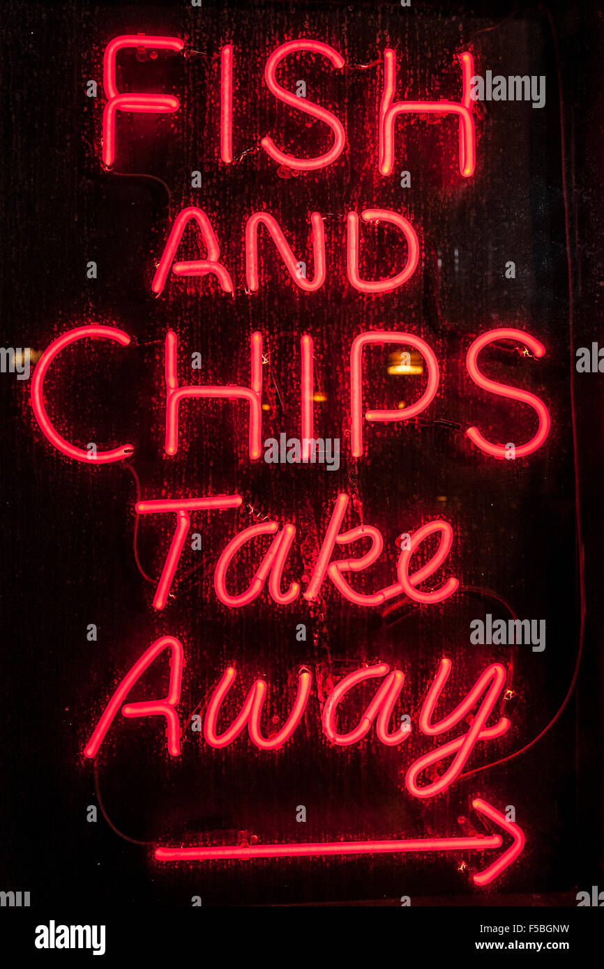 Fish and chips take away Neon sign on Brighton pier Stock Photo - Alamy