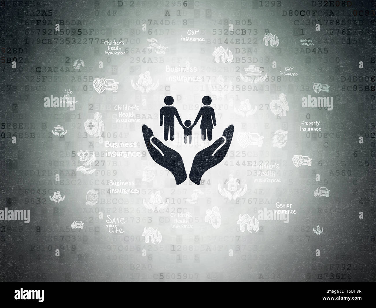 Insurance concept: Family And Palm on Digital Paper background Stock ...