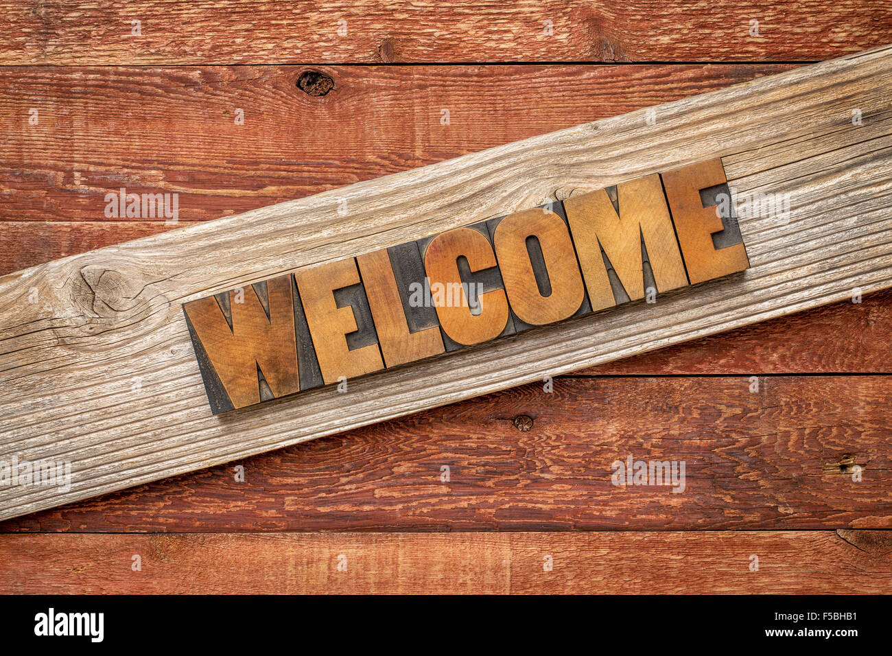 rustic welcome sign - letterpress wood type over grained cedar plank ...