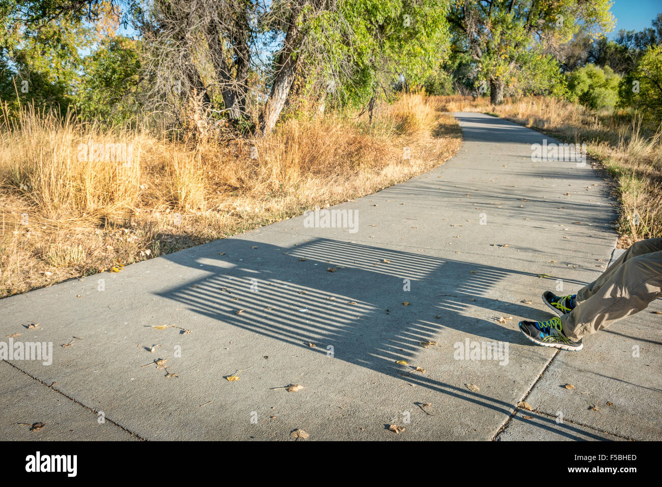 bike trail with a shadow of man resting on a bench - Poudre River ...