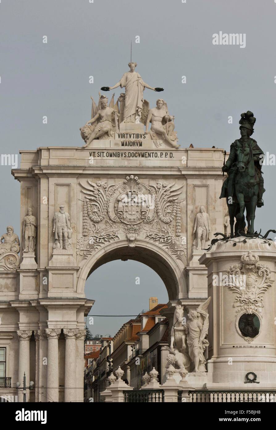 Architectural close up of the equestrian Statue of King Joseph and Rua ...