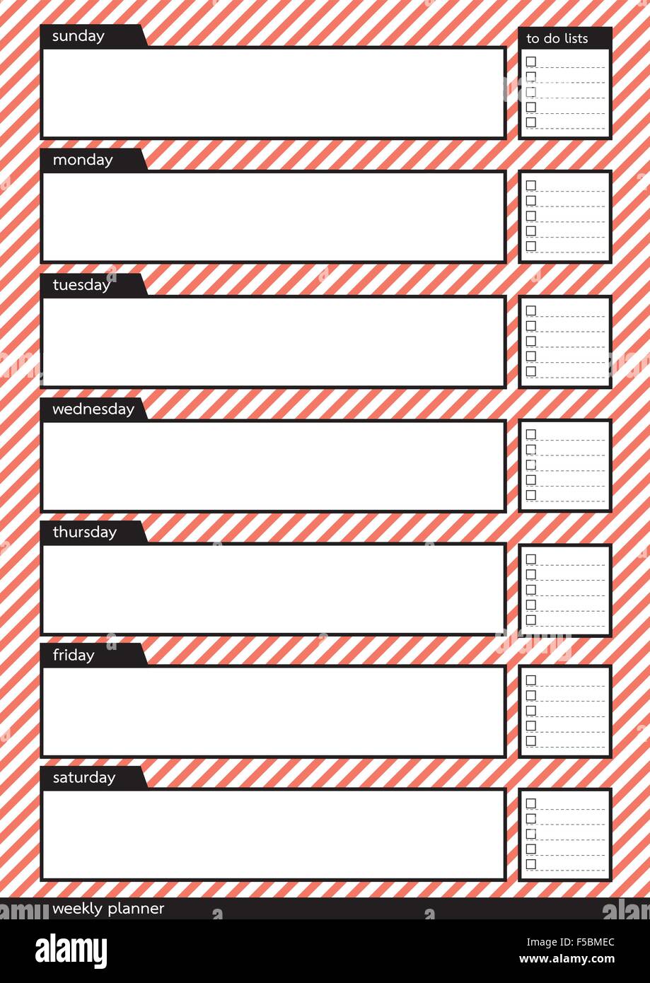 Weekly planner black frame with white and red pink stripe pattern ...
