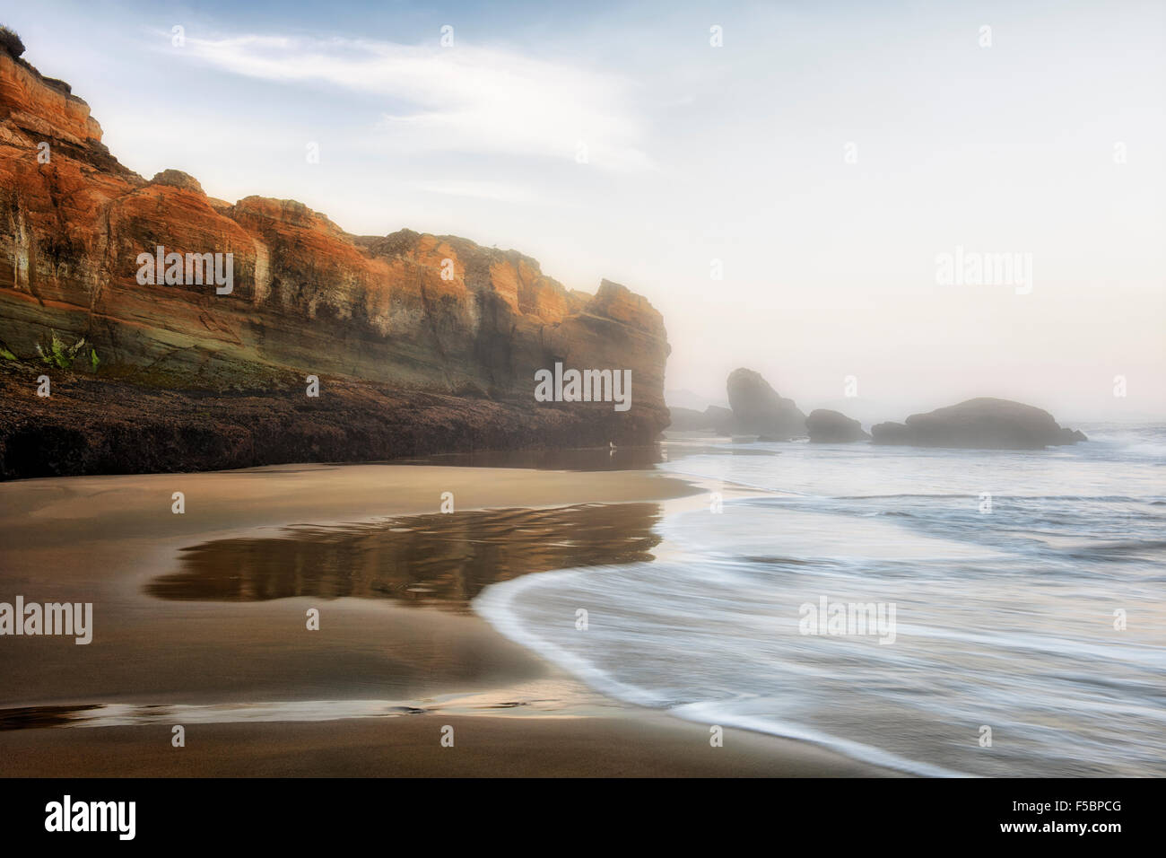 Morning fog lifts revealing the beach at Devils Punchbowl State Natural ...