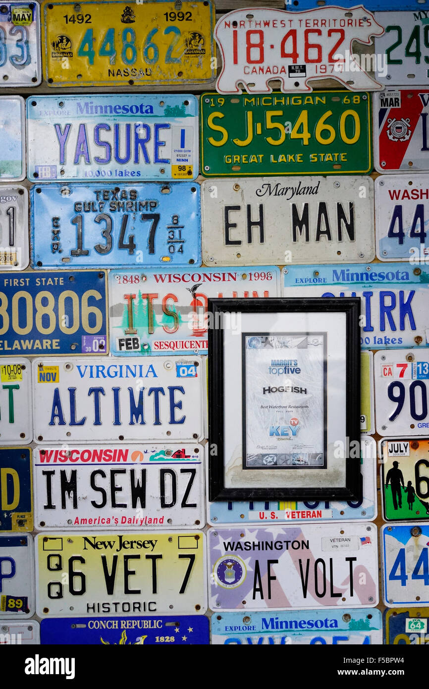 Wall of license plates at the HogFish Bar & Grill Key West, Florida ...