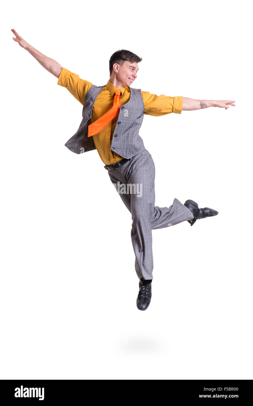 Disco dancer jumping against isolated white Stock Photo - Alamy