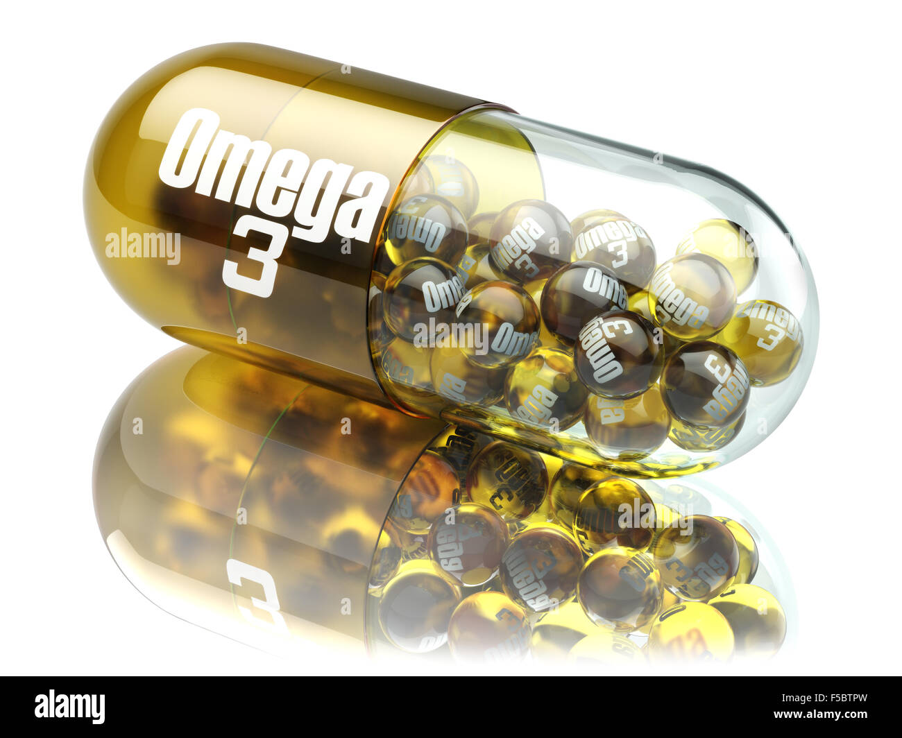 Pill with Omega 3 element. Dietary supplements. Vitamin capsules. 3d ...