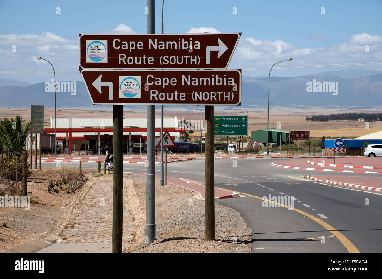 Brown tourist sign for the N7 Highway the Cape Namibia route, Swartland ...