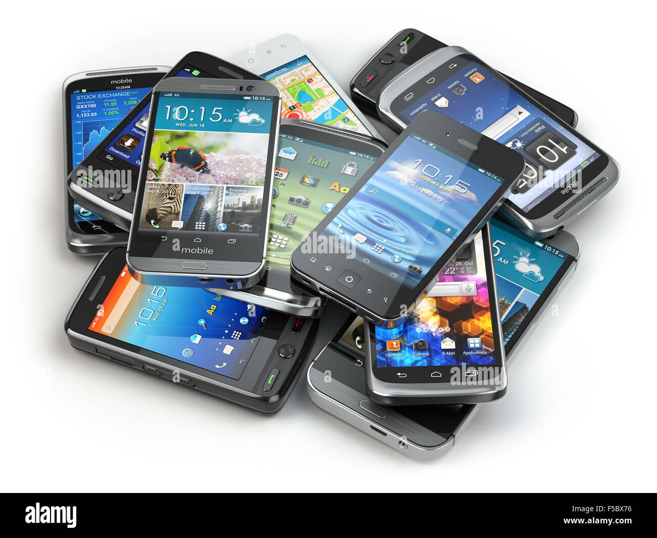 Choose mobile phone. Heap of the different smartphones. 3d Stock Photo ...