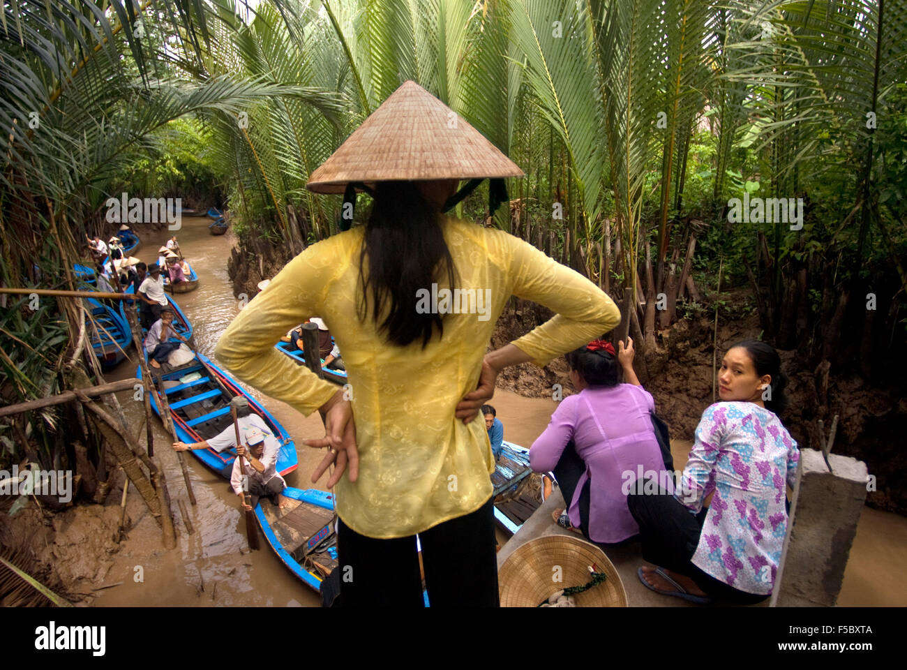 Woman and rowing boats on Mekong river, near My Tho village, Vietnam ...
