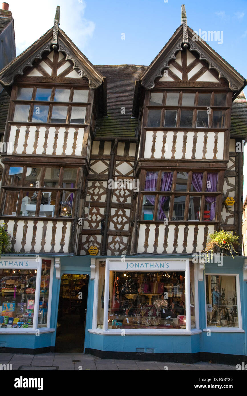 leaning streetfront tudor shops, UK Stock Photo - Alamy