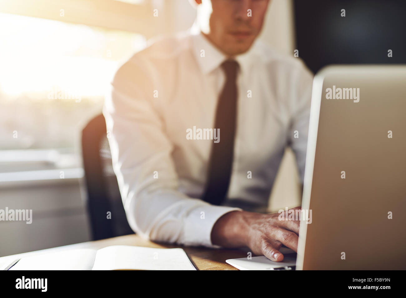 Business close up, executive working on laptop while sitting at office ...