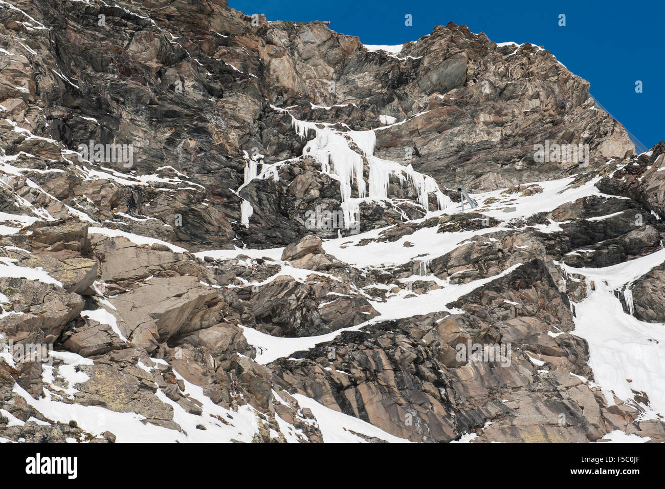 Rugged alpine rocky mountainside covered in snow and ice Stock Photo ...