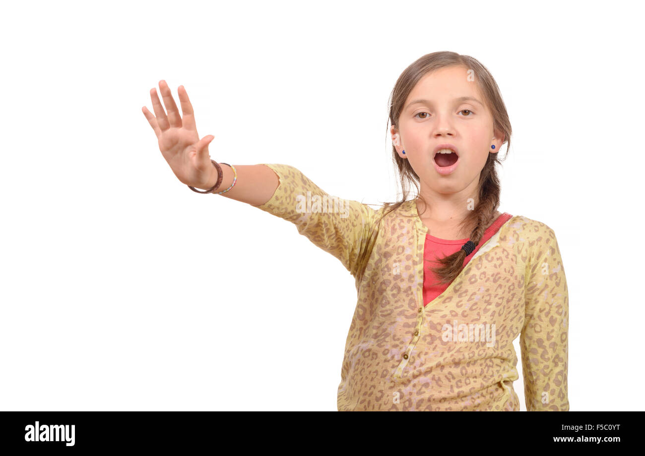 young girl making stop sign with hand Stock Photo - Alamy